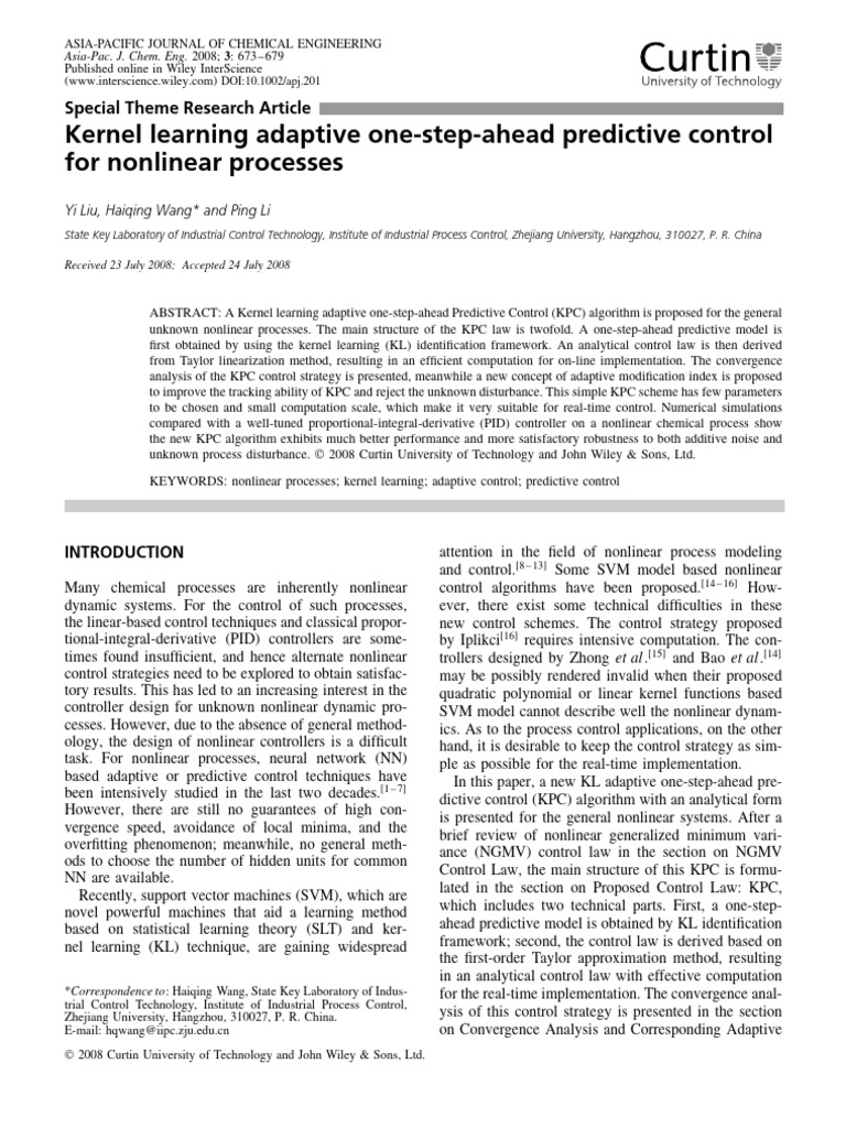 Kernel Learning Adaptive One-Step-Ahead Predictive Control For Nonlinear Processes | PDF ...