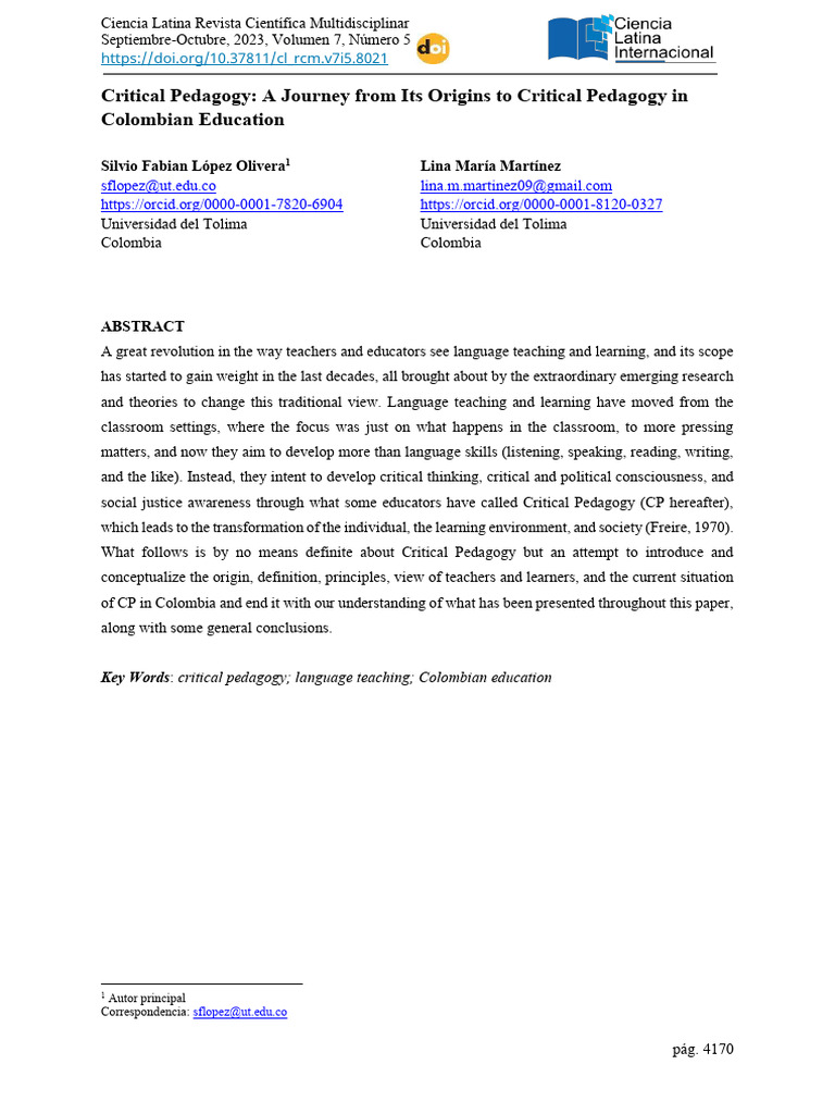Critical Pedagogy in Colombian Education | PDF | Critical Theory | Pedagogy