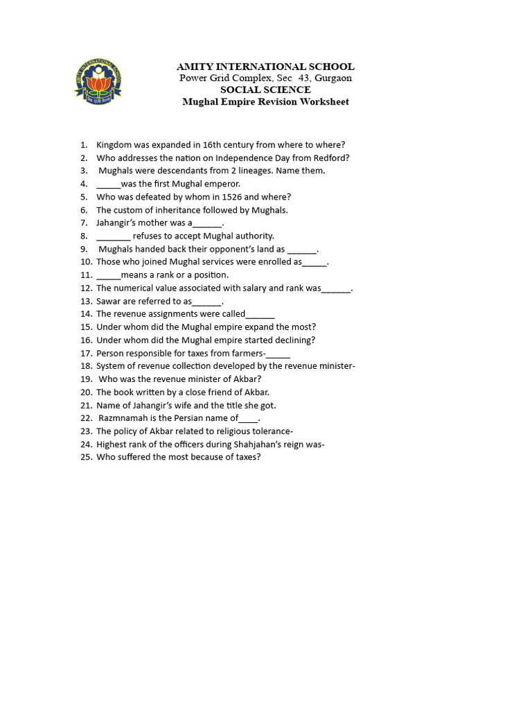 Mughal Empire Revision WOrksheet | PDF Mughal Empire Revision WOrksheet | PDF
