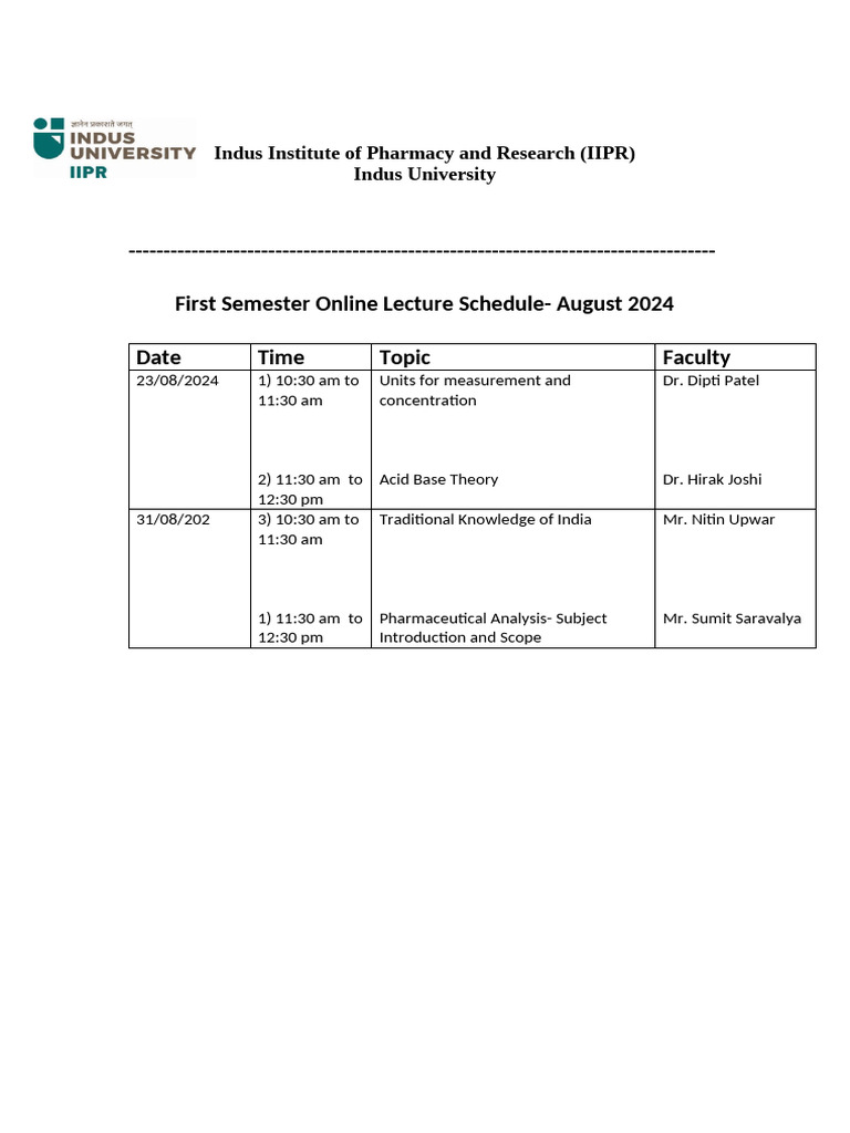 First Semester Lecture Schdule | PDF | Self-Improvement | Science ...