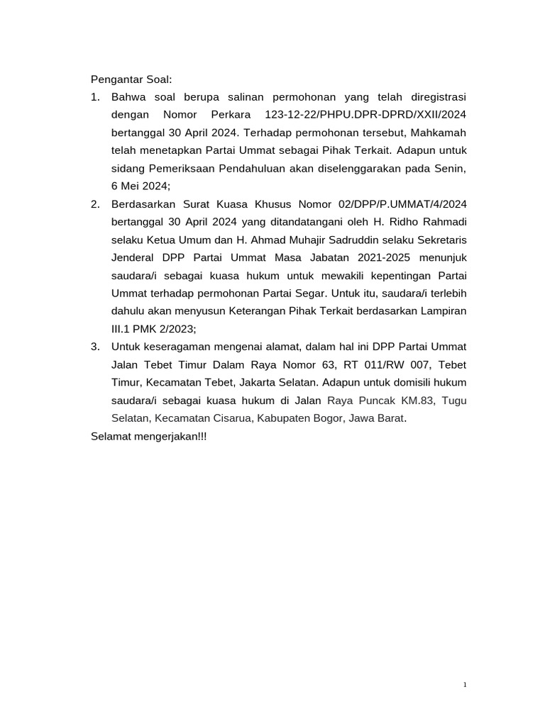 Permohonan PHPU Partai Segar 2024 | PDF | Hukum