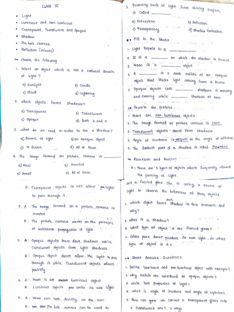 Light Shadow and Reflection - Worksheet | PDF | Shadow | Electrodynamics