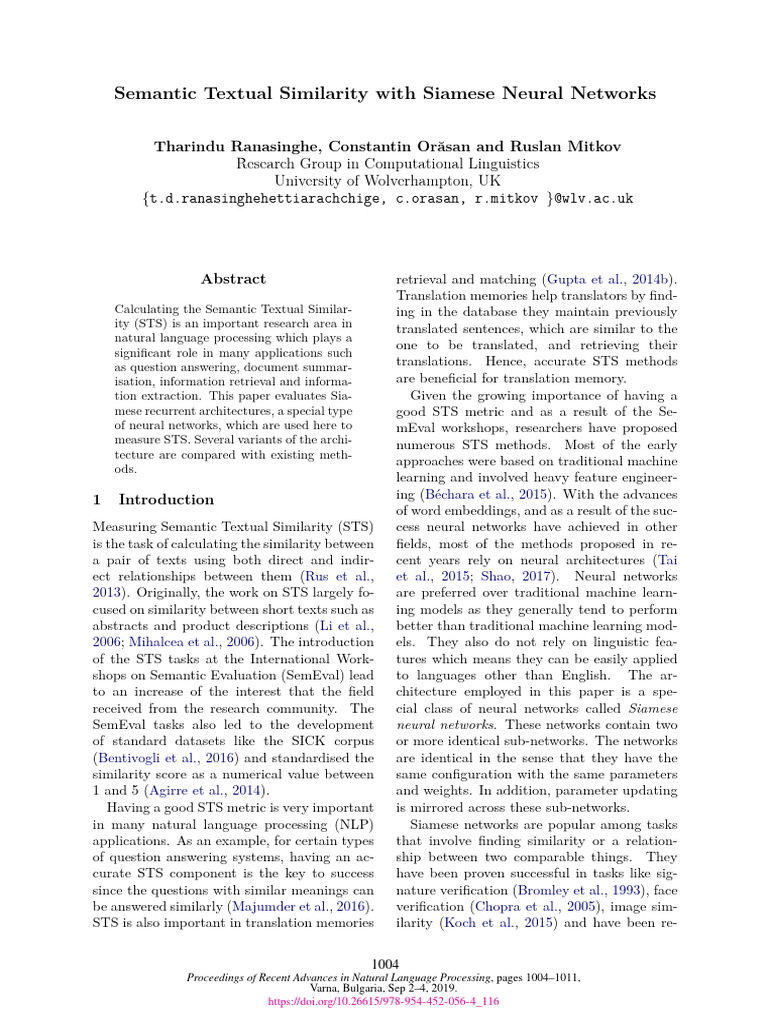 Semantic Textual Similarity With Siamese Neural Networks: Tharindu Ranasinghe, Constantin or ...
