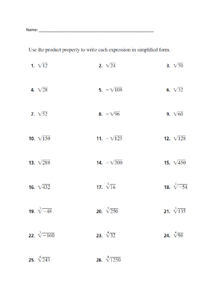 Gr. 9 - Simplifying Radicals Worksheets | PDF