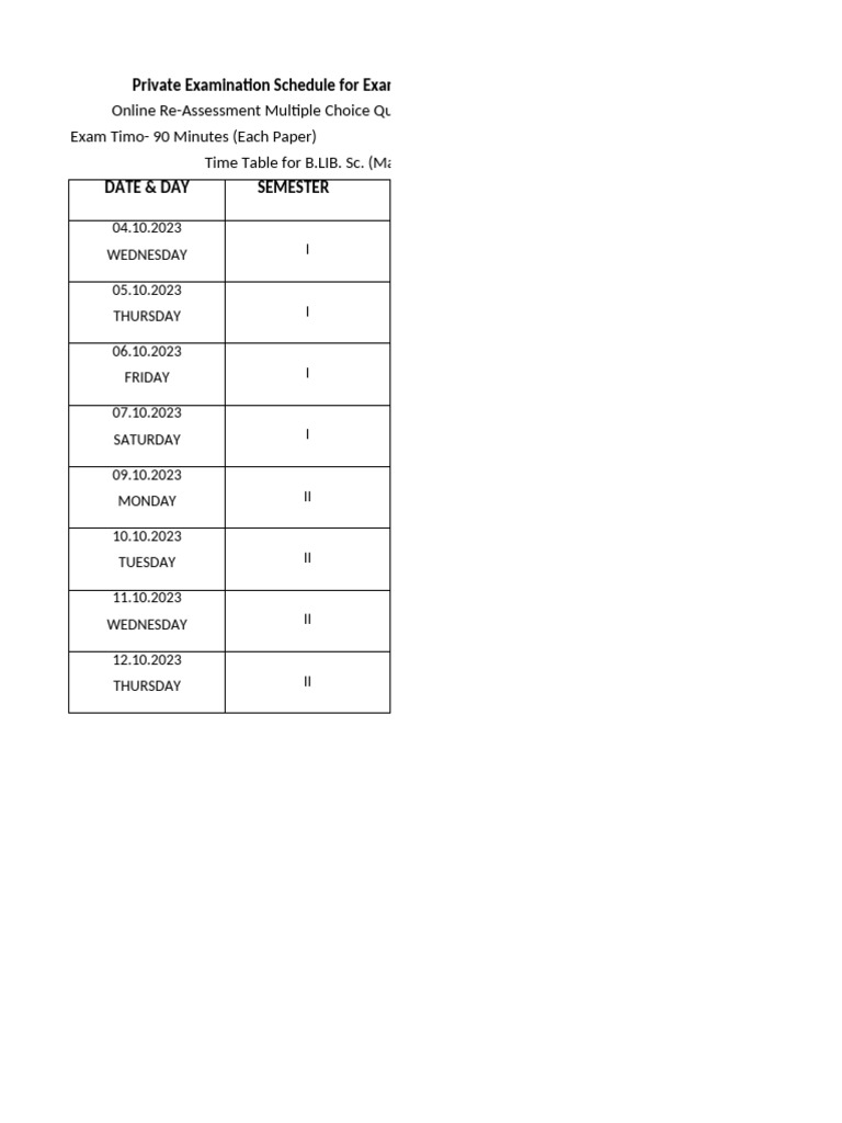 October 2023 LIB. Sc. Exam Schedule | PDF