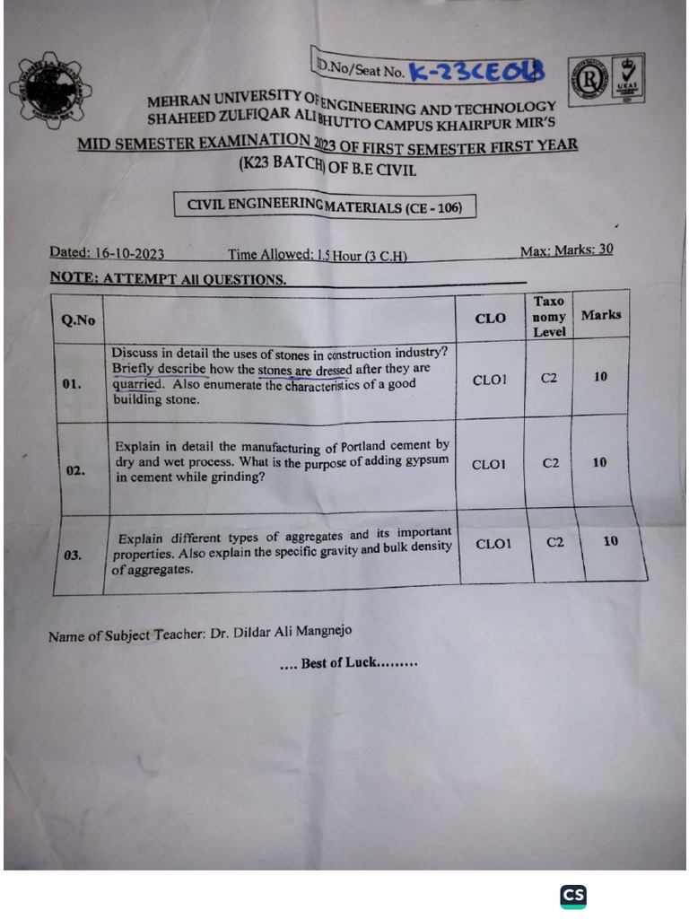 Past Papers of 23 First Semester Mid+final | PDF