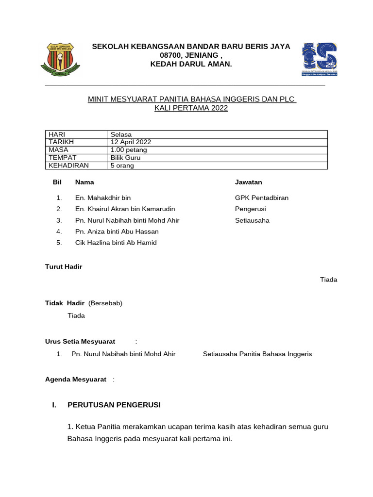 Minit Mesyuarat Panitia Bi Bil 1 | PDF