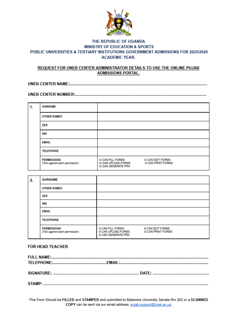 Request Form To Uneb Centers | PDF