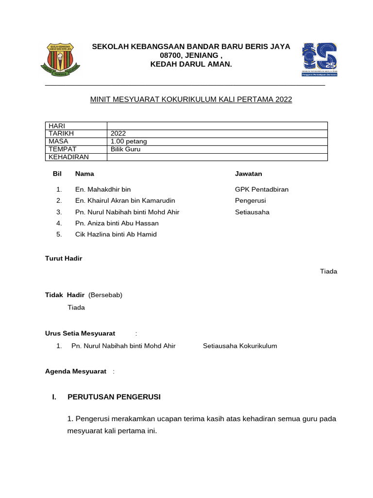 Minit Mesyuarat Kokurikulum Bil 1 | PDF