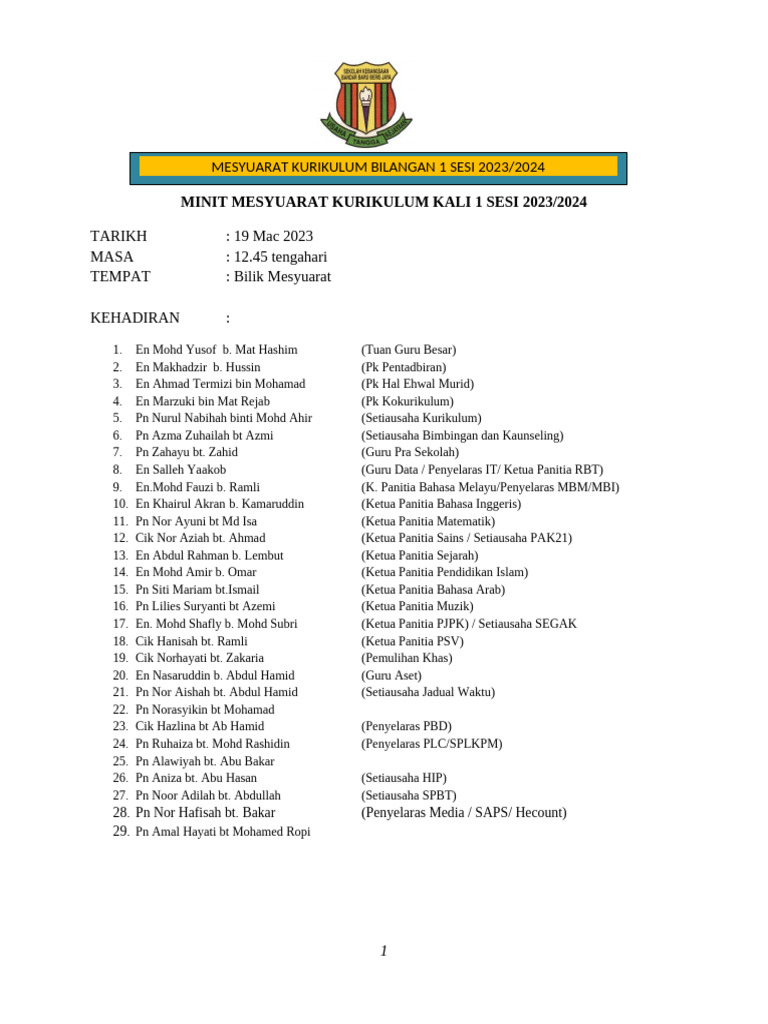 Minit Mesyuarat Kurikulum Kali 1 Sesi 2023 2024 | PDF