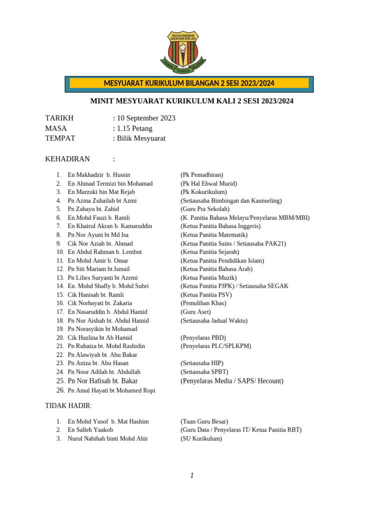 Minit Mesyuarat Kurikulum Kali 2 Sesi 2023 2024 | PDF