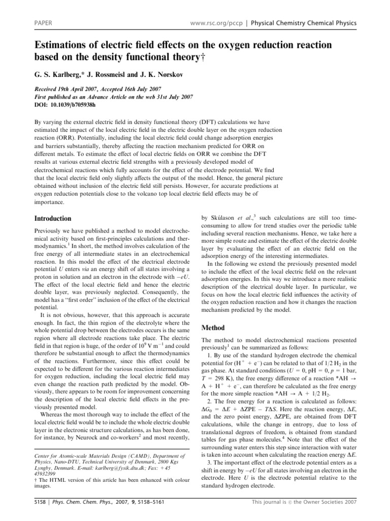 Estimations of Electric Field Effects On The Oxygen Reduction Reaction | PDF | Density ...