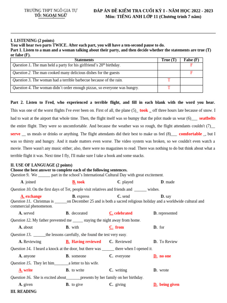 Anh 11 He 7n 01 Dap An Ktra Cuoi Hk1 | PDF | Human Overpopulation | Christmas