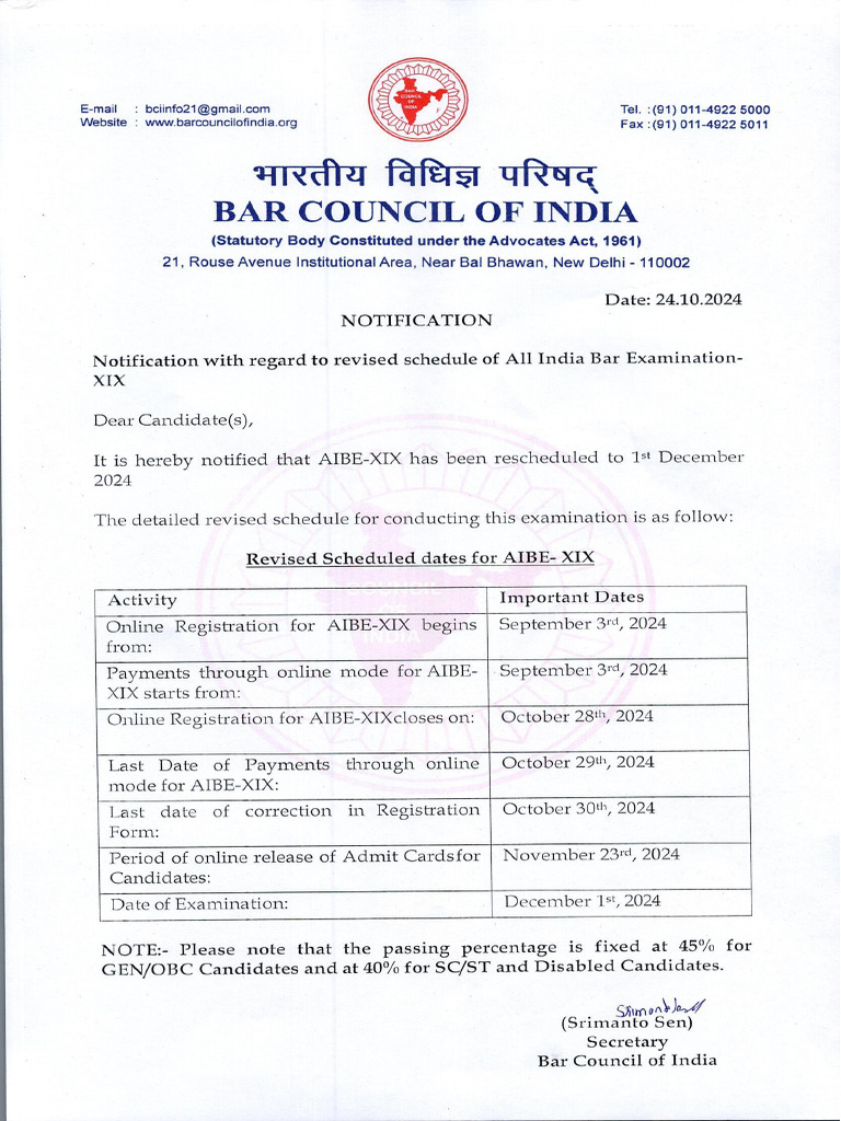 Revised Schedule - Notification AIBE-XIX - 0001 | PDF