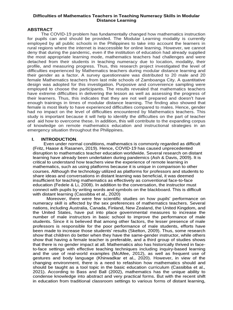 2 Gender and Teaching Numeracy Level of Difficulty Experienced by Mathematics Teachers During ...