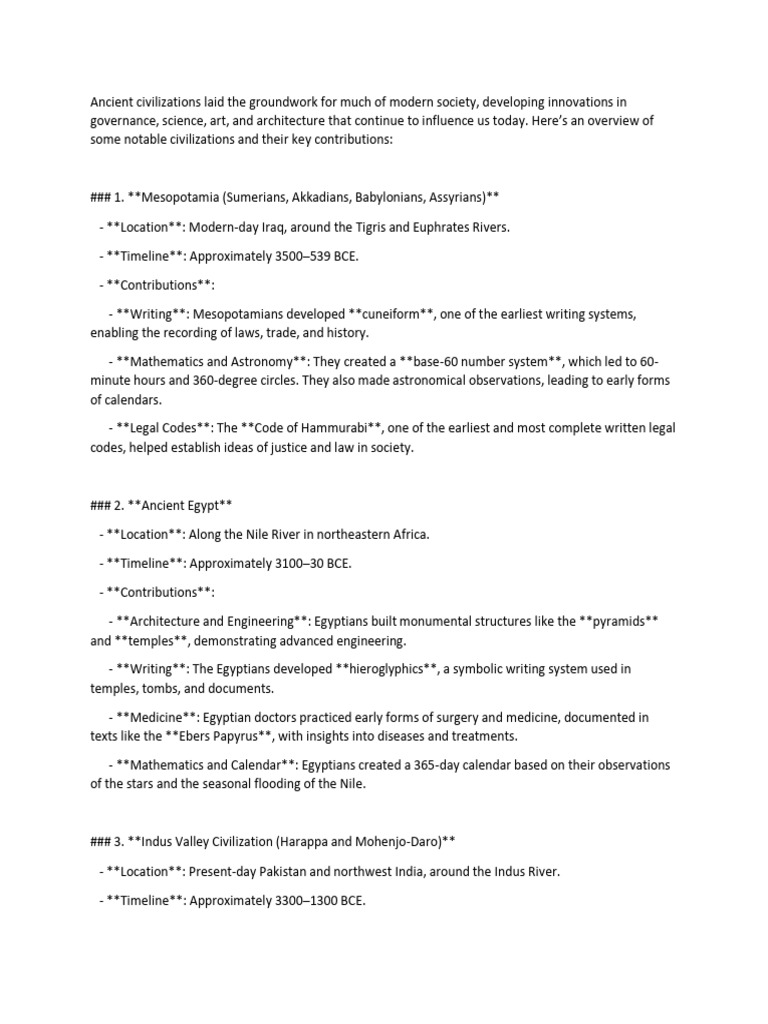Ancient Civilizations and Their Contributions | PDF | Mesopotamia ...