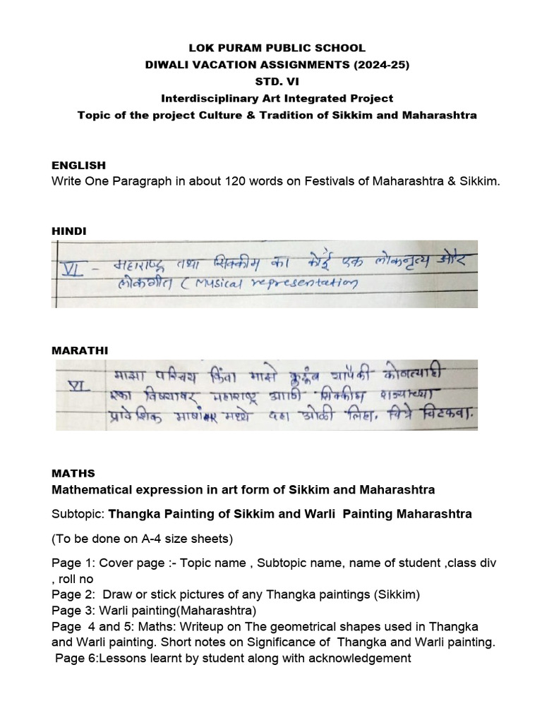 Std. 6th Diwali Vacation Assignments (2024-25) | PDF