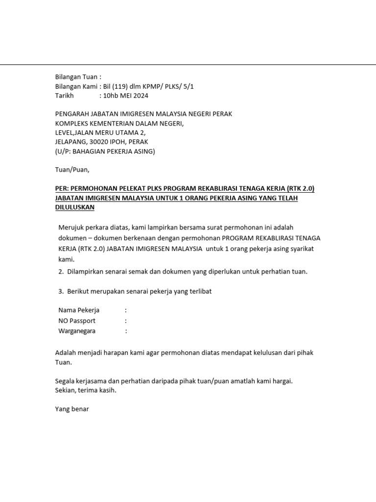 NOTA CONTOH SURAT PERMOHONAN PLKS | PDF