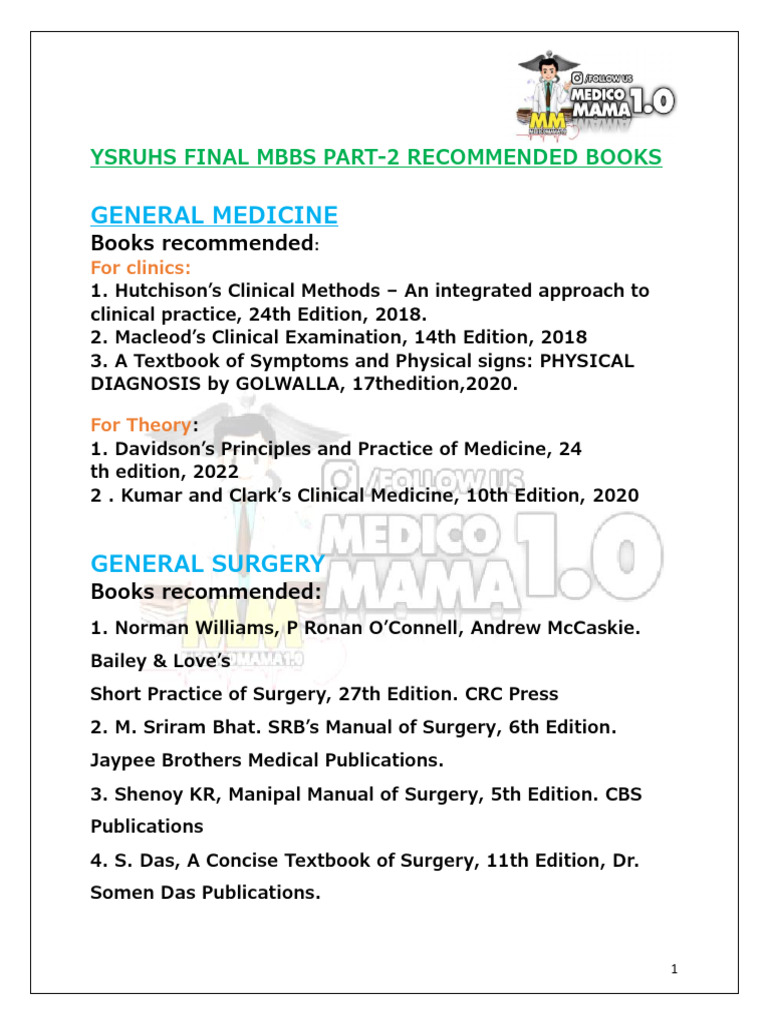 Final MBBS Part-2 Book List | PDF | Wellness