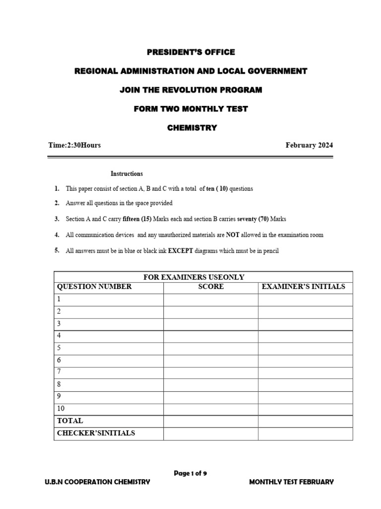f2 Chemistry Monthly Test Feb (2024) | PDF | Chemical Reactions ...