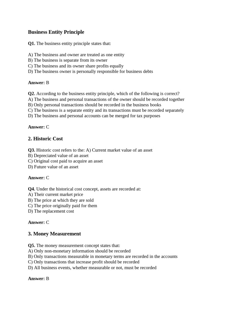 Accounting Principle MCQ | PDF | Historical Cost | Going Concern