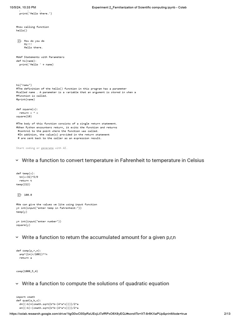 Experiment 2 Familiarization Of Scientific Computing Ipynb Colab
