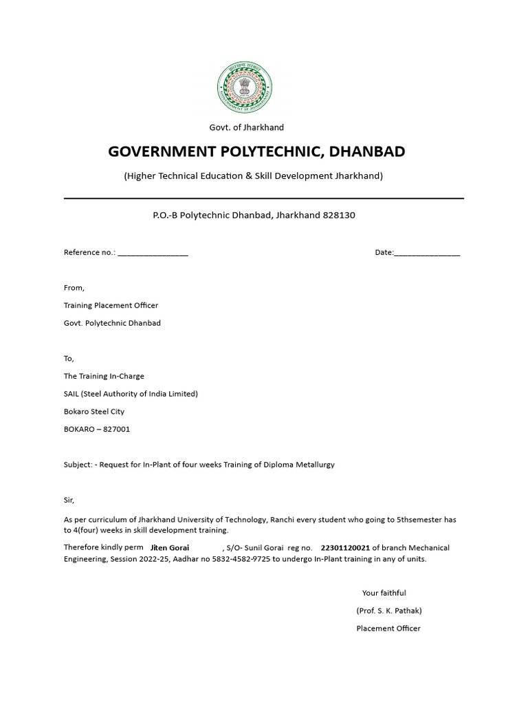 NOC Request for Diploma Training Dhanbad | PDF