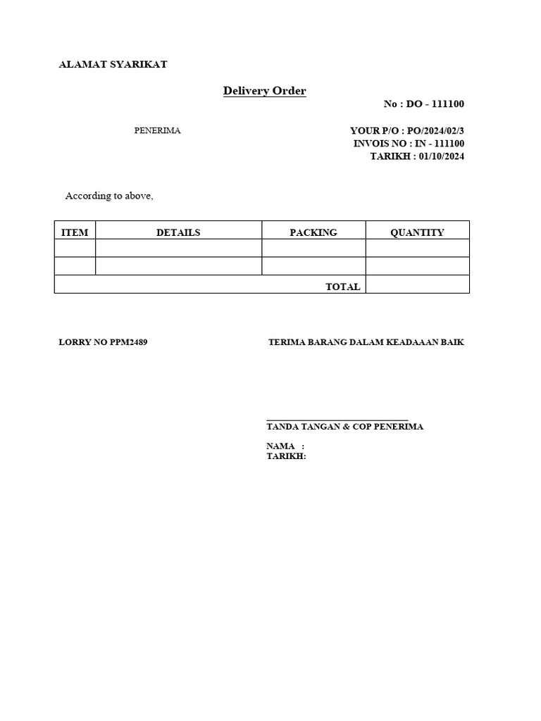 Contoh Template Delivery Order | PDF