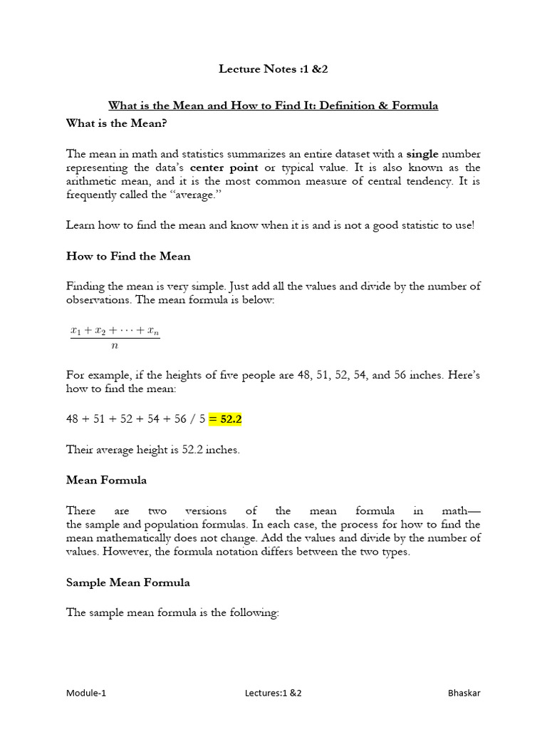 Lecture 1 2 Notes BA | PDF | Mean | Standard Deviation Lecture 1 2 Notes BA | PDF | Mean | Standard Deviation