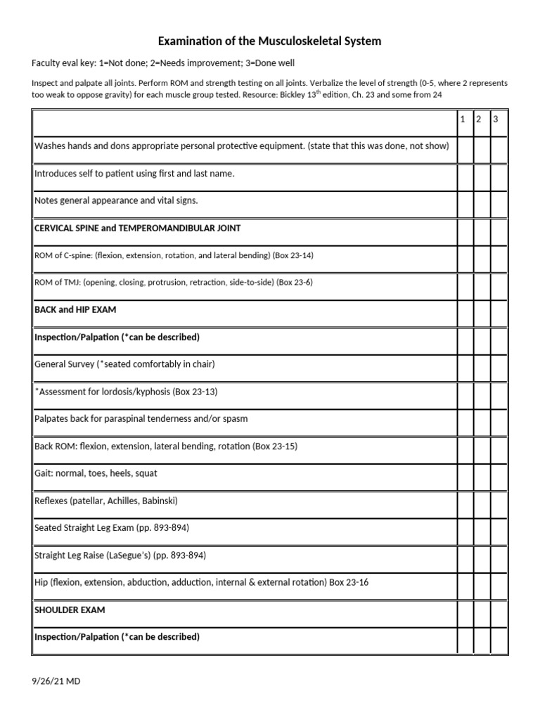 MSK PE Rubric | PDF | Anatomical Terms Of Motion | Musculoskeletal System