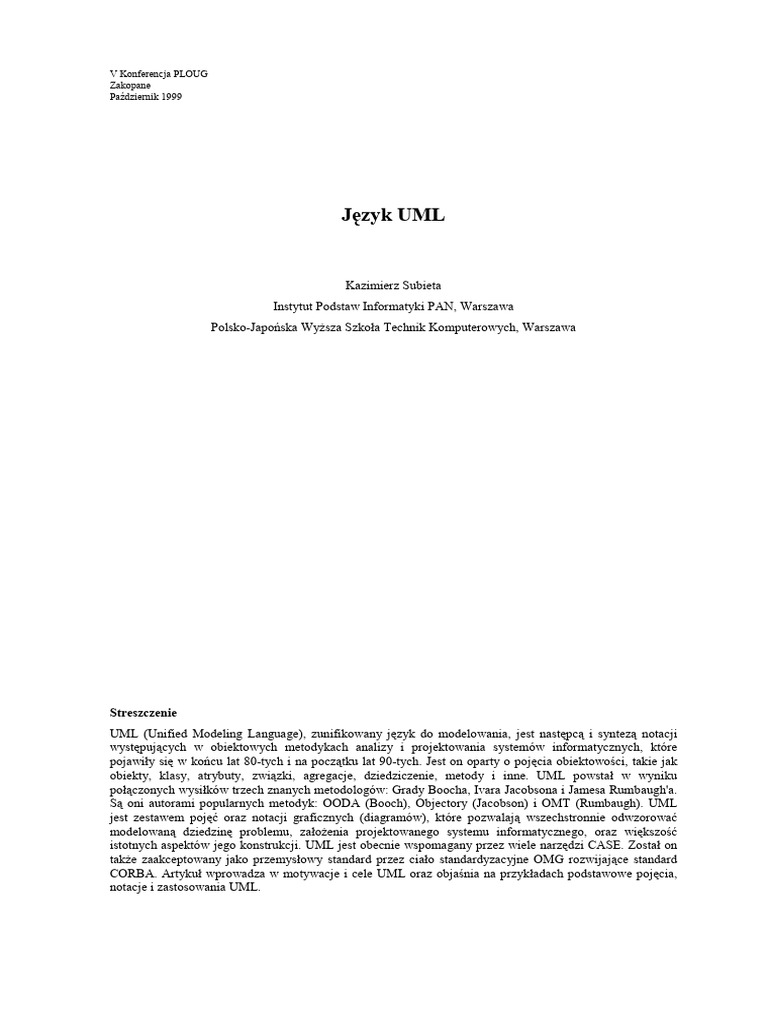 J Zyk UML: V Konferencja PLOUG Zakopane Pa Dziernik 999 | PDF