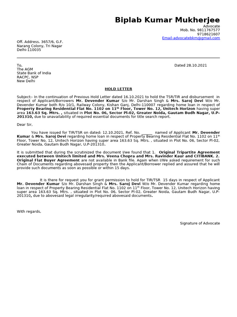 2nd Holder Letter of Devender Kumar | PDF