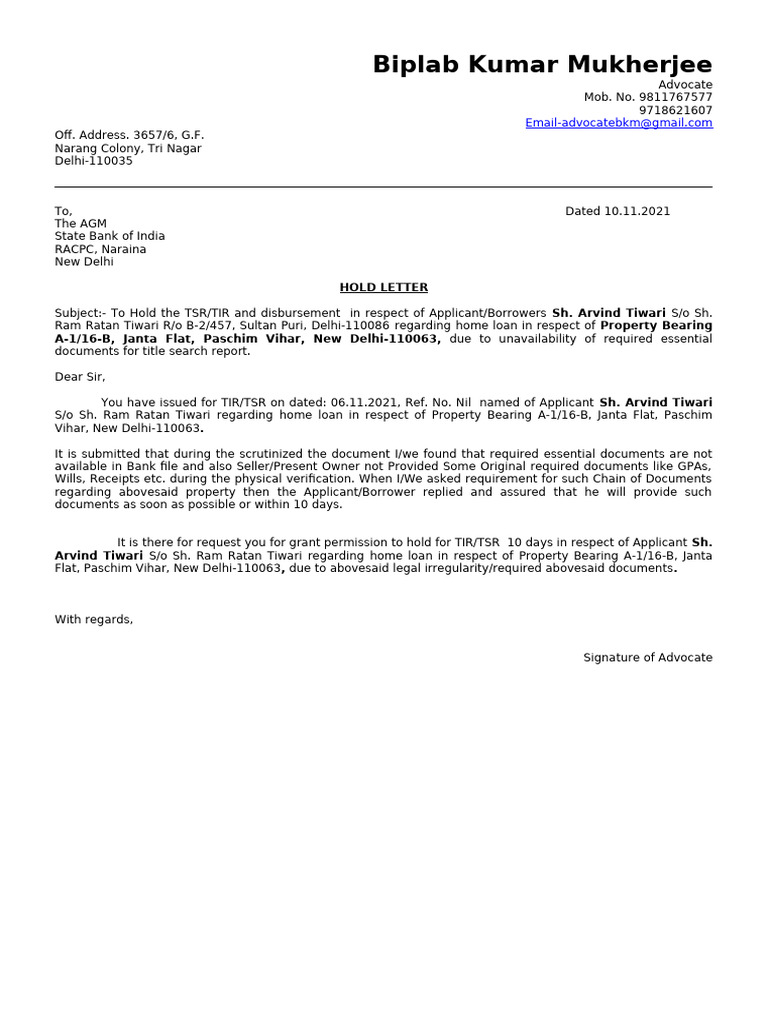 Hold Letter of Arvind Tiwari-Naraina | PDF