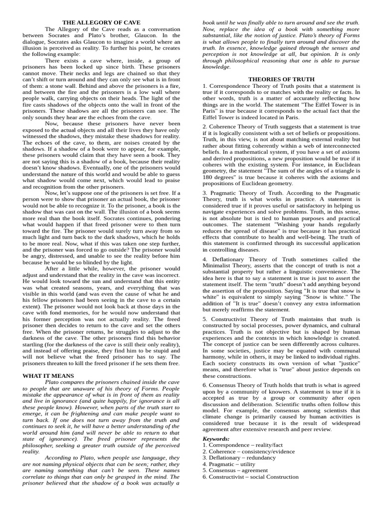 The Allegory of Cave PHILOSOPHY | PDF | Truth | Epistemology