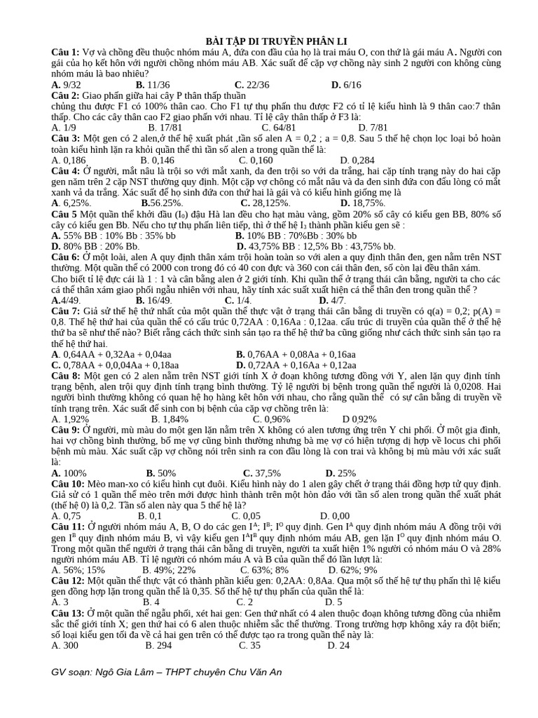 bai tap Di Truyền Phân li Si 12 | PDF