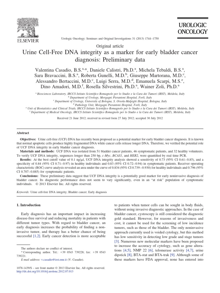 Casadio Et Al 2013 - Urinary Cell Free DNA - Bladder Cancer | PDF | Sensitivity And Specificity ...