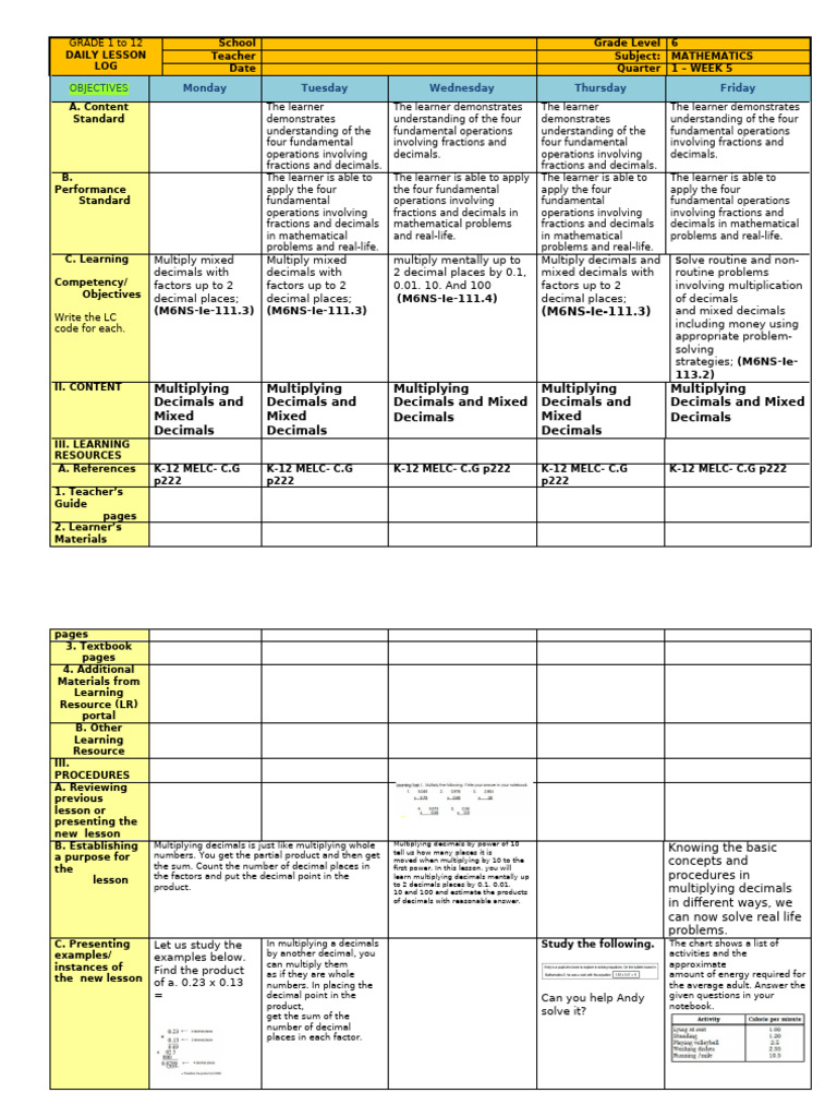 DLL Q1 Math W5 | PDF | Multiplication | Learning