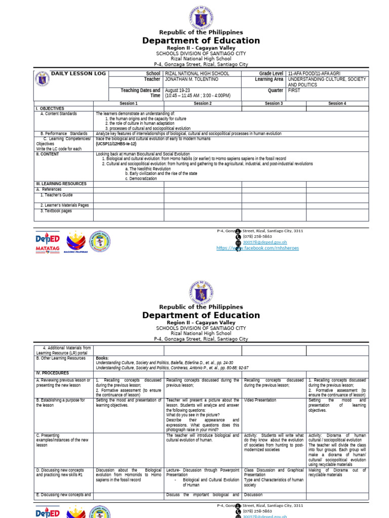 August (Unity) UCSP DLL - Q1 WEEK5 | PDF | Homo | Human