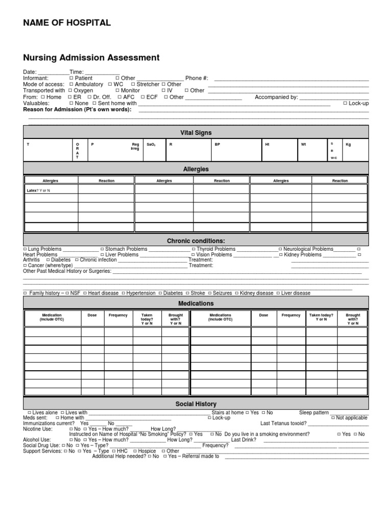 Nursing Admission Assessment Form | PDF | Chronic Condition | Disability