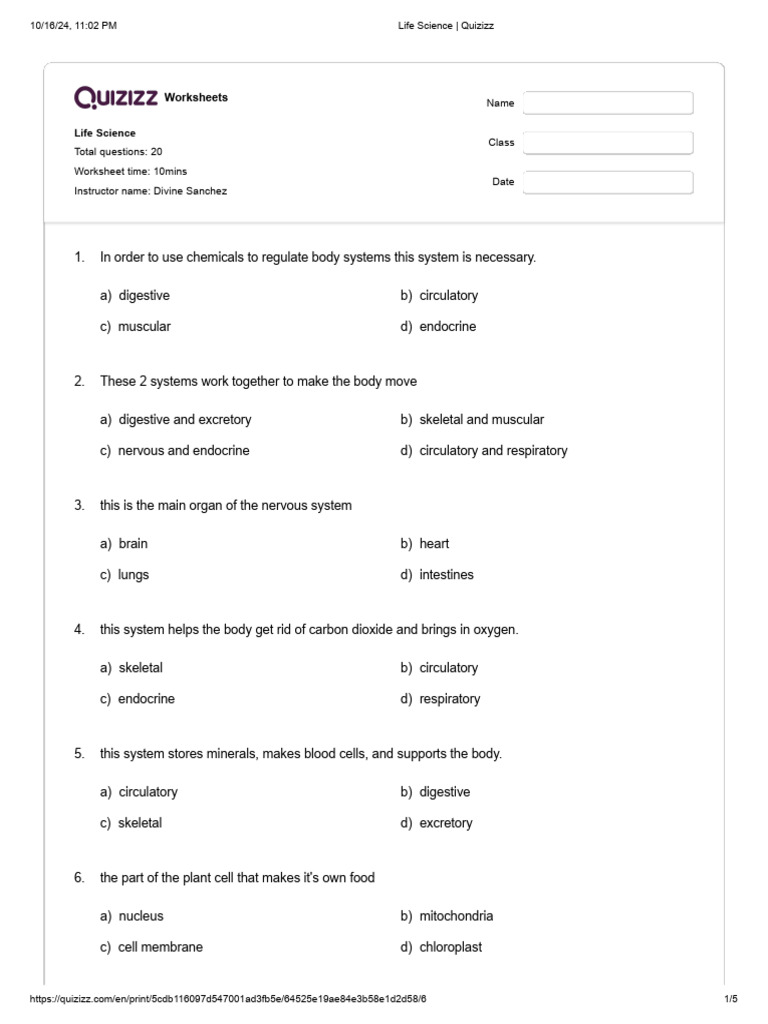 Quizizz - Life Science | PDF | Cell (Biology) | Human Body