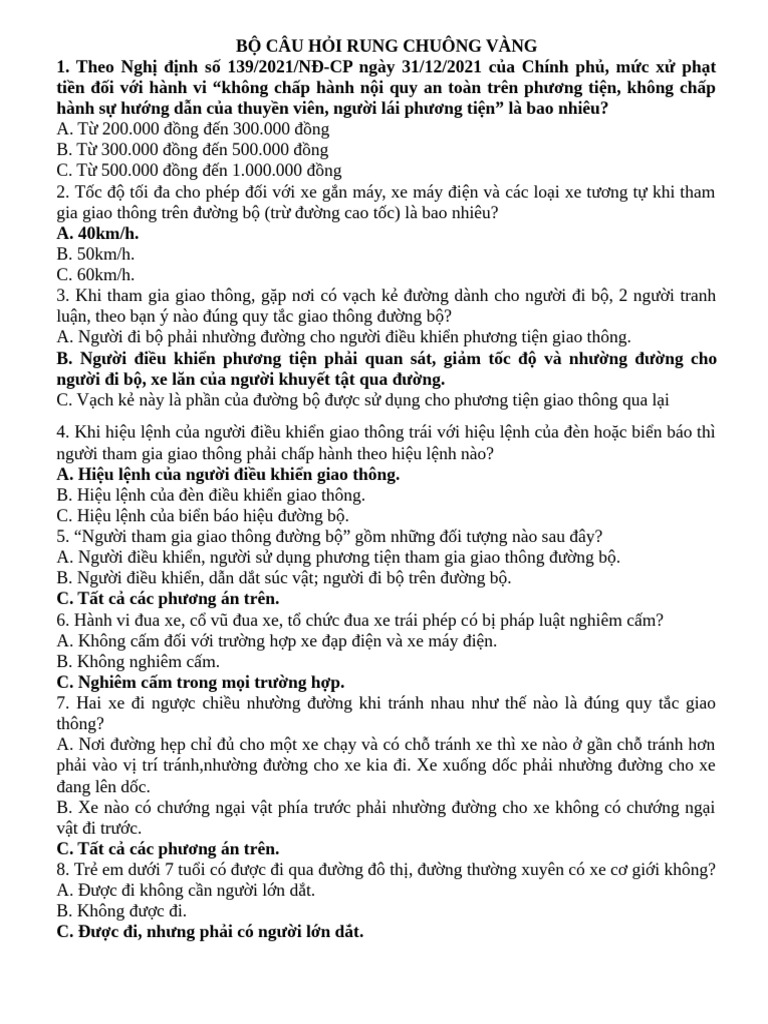 BỘ ĐỀ CƯƠNG ÔN TẬP ATGT - RCV | PDF