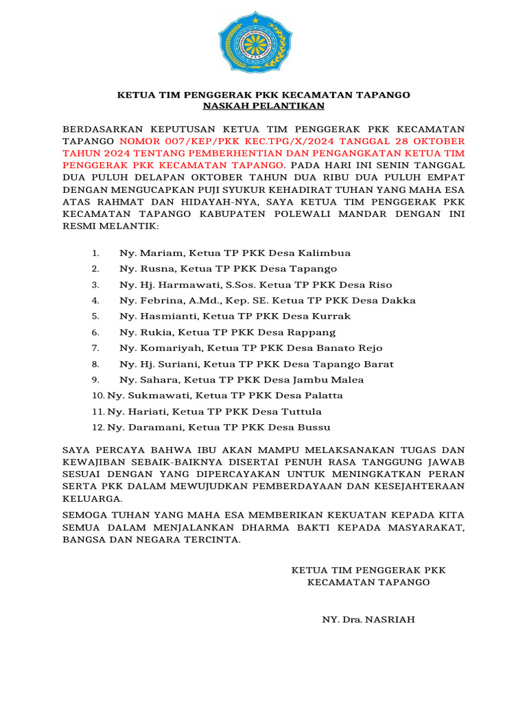 Contoh Naskah Pelantikan PKK | PDF