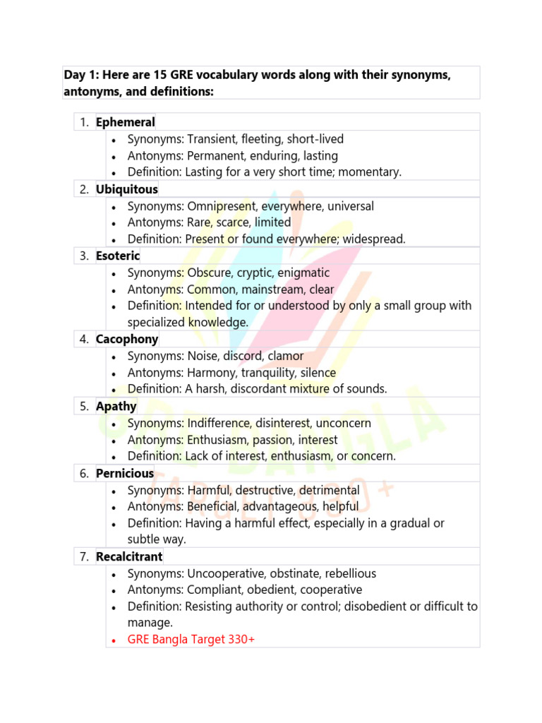 GRE Vocabulary Words with Antonyms | PDF