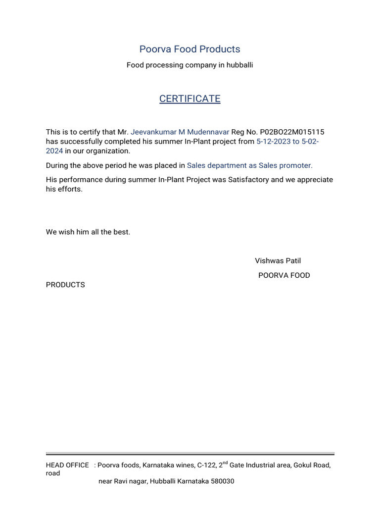 Poorva Foods Certificate | PDF