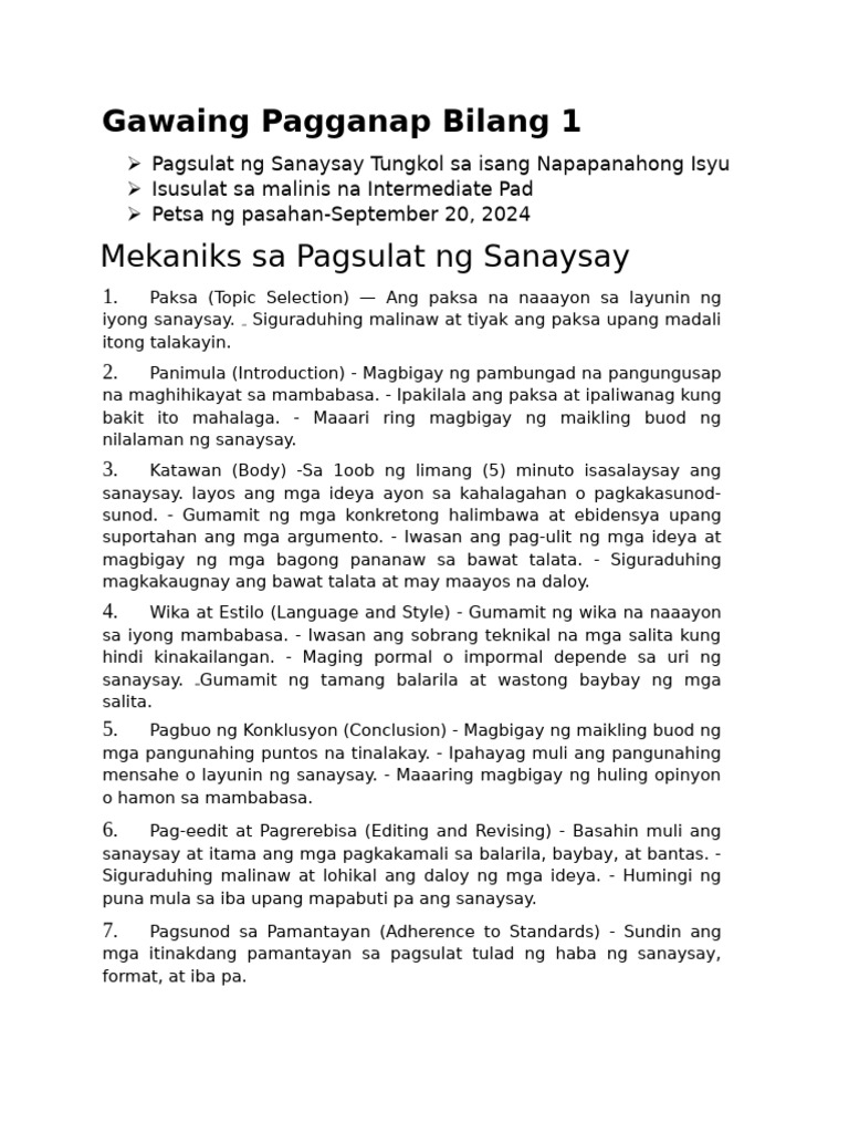 Pamantayan Sa Pagsulat NG Sanaysay | PDF