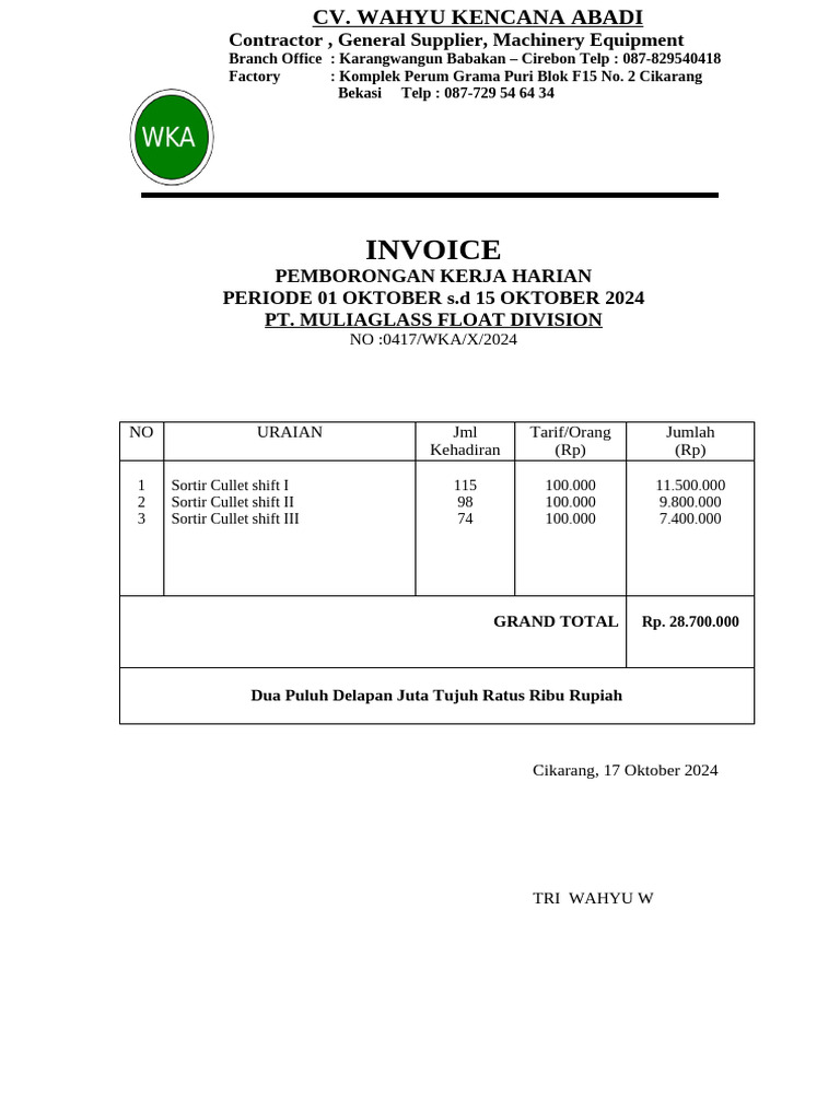 Invoice Kary Harian Oktober 2024 | PDF