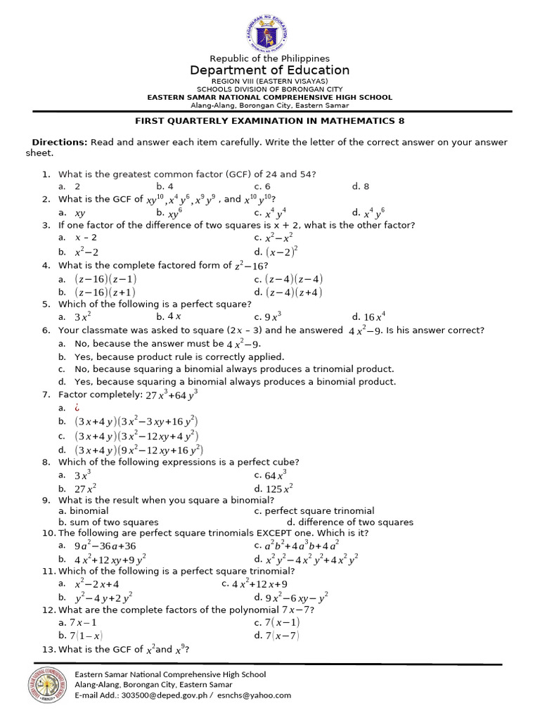 First Quarterly Examination in Mathematics 10 | PDF | Factorization | Polynomial