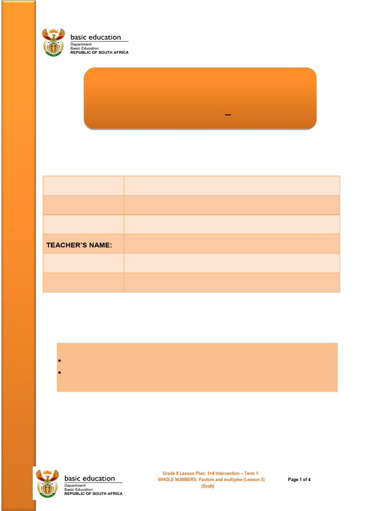Grade 8 Whole Numbers Lesson Plan | PDF | Lesson Plan | Prime Number