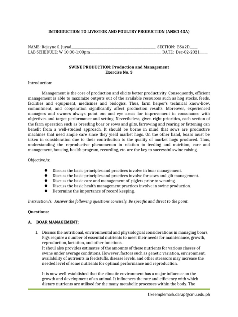 SWINE LAB EX 3 | PDF | Pig | Nutrients