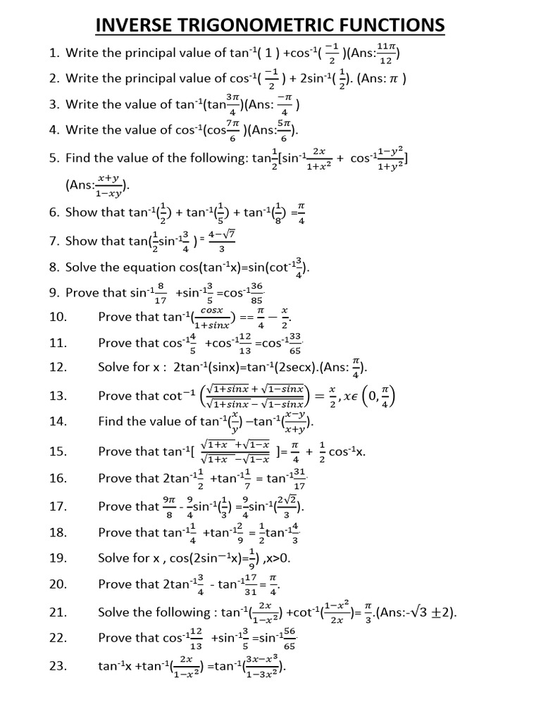 Worksheet Inverse Trigonometric Functions | PDF | Trigonometric ...